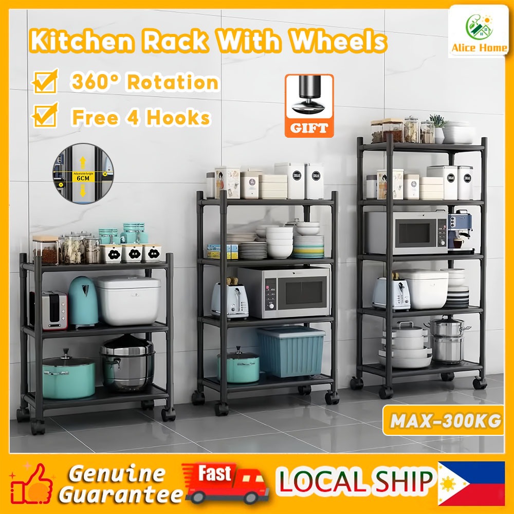 3/4/5 Tiers Kitchen Rack with Wheels Storage Shelf Metal Organizer Rack ...