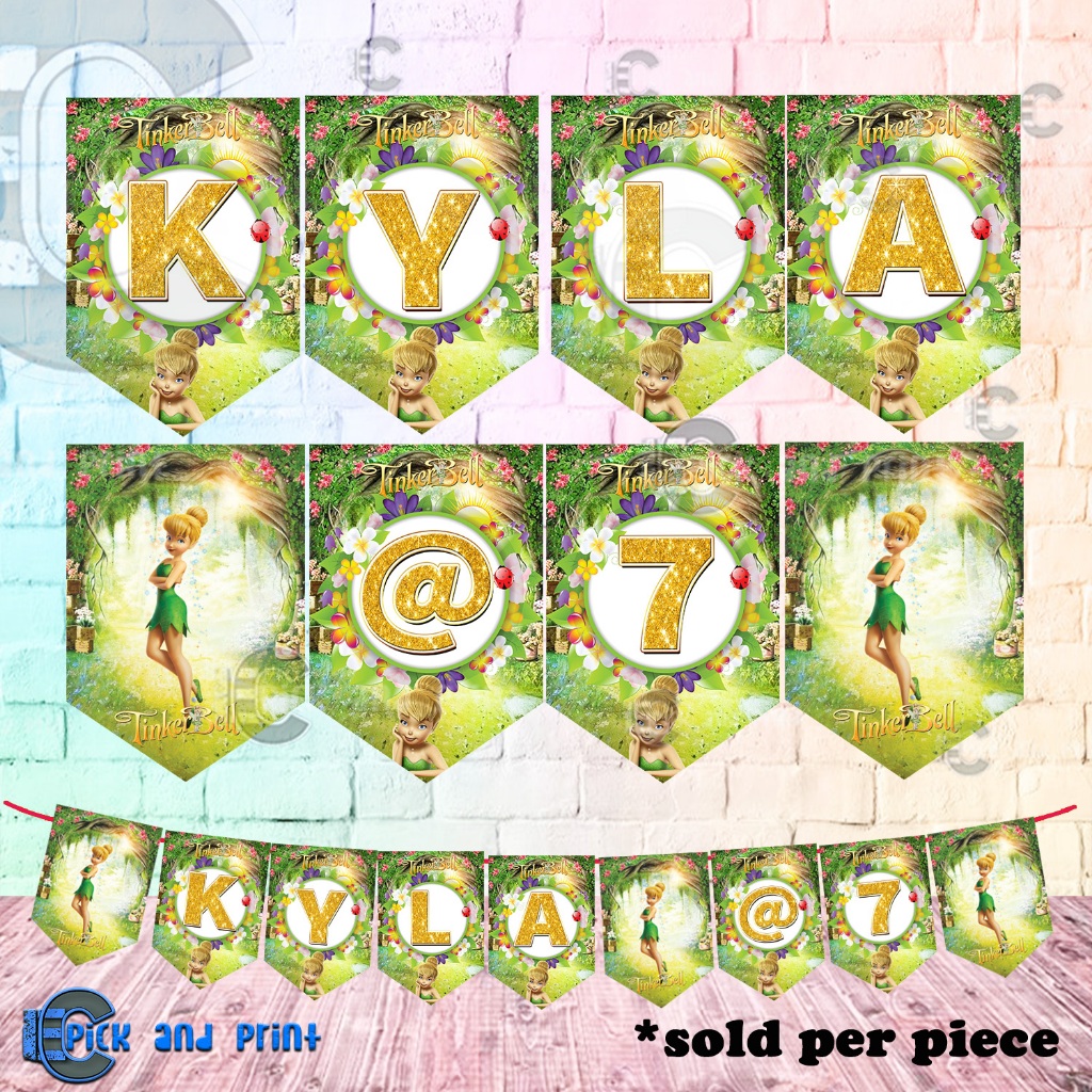 Personalized Tinkerbell Theme Name Flag Banner Banderitas for DIY Party ...