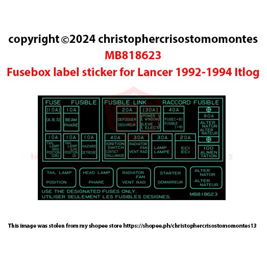Mitsubishi Lancer Itlog 1992-1996 MB818623 Fusebox Fuse box STICKER ...