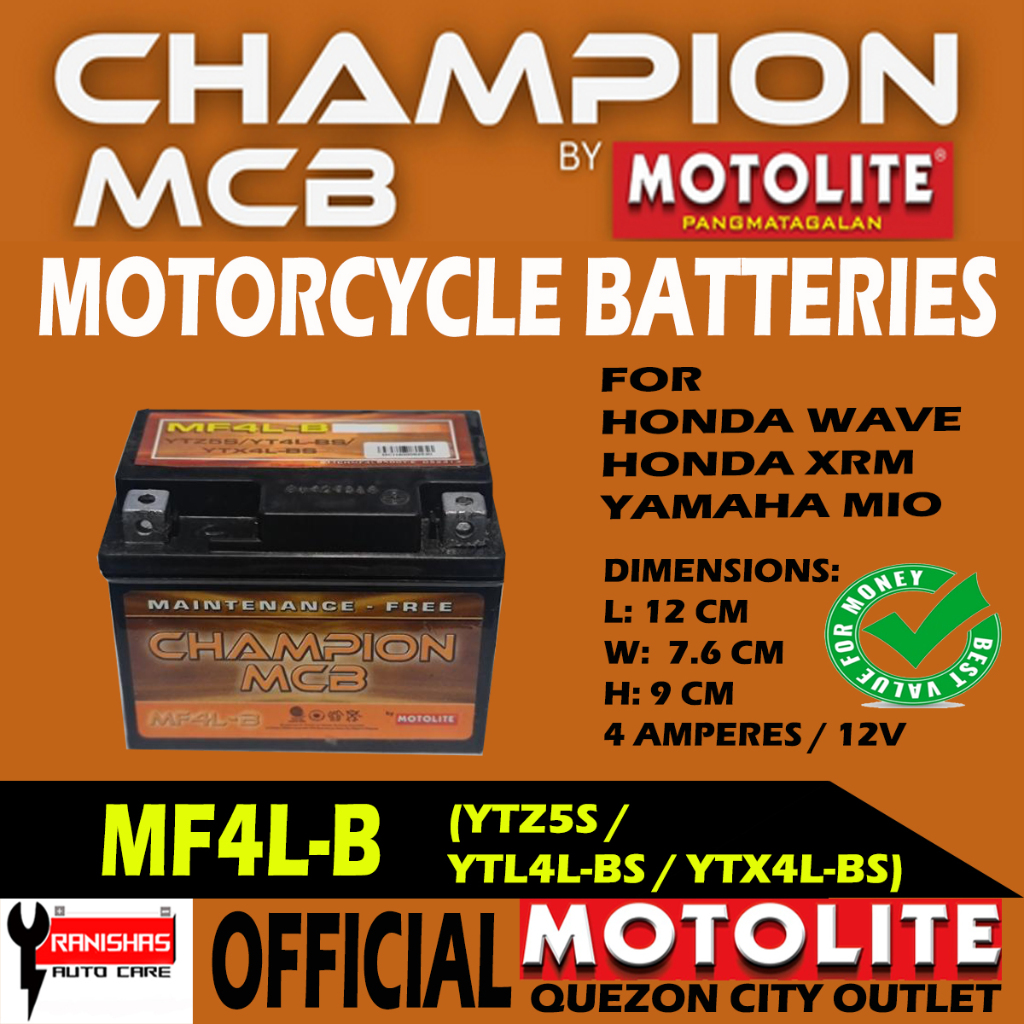 MF4L-B Champion Maintenance Free Motorcycle Battery MCB YTZ5S YT4L-BS ...