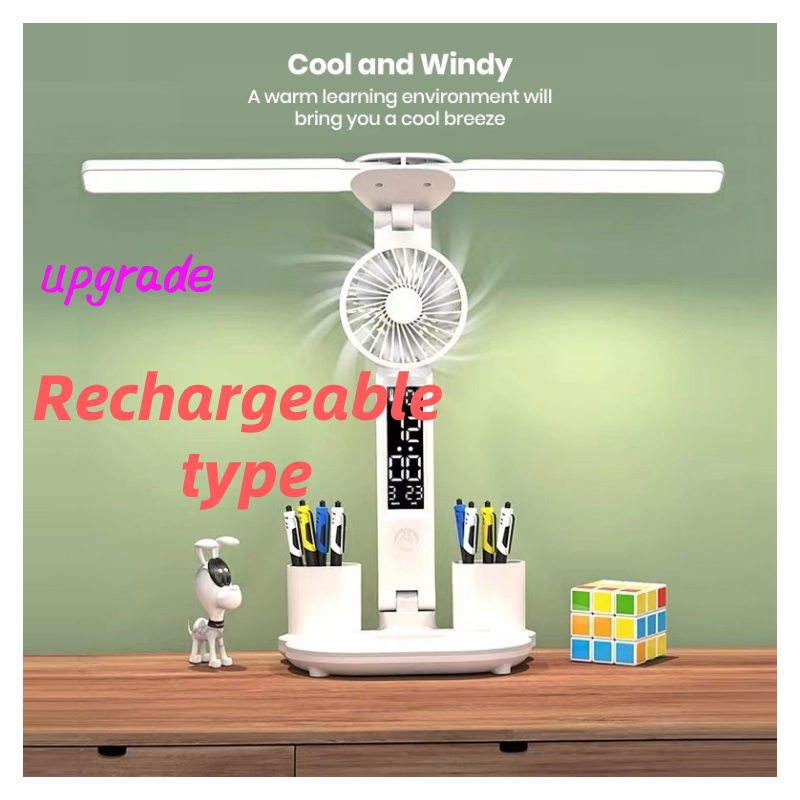 3color LED Multifunctional Fan desk lamp with fan clock USB dual head ...