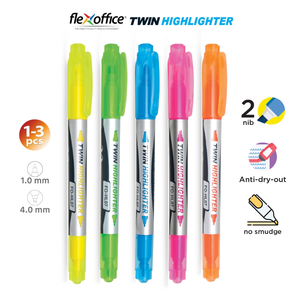 FlexOffice Highlighter Twin Nib - 1pc OPP - Assorted Fluorescent Colors ...