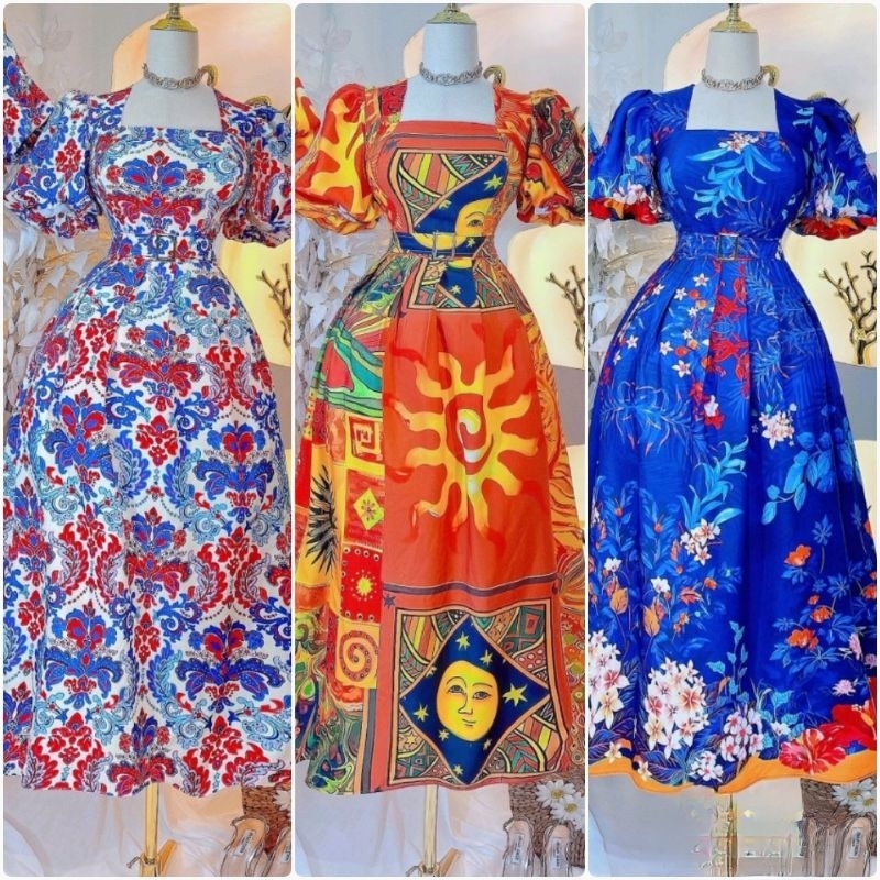 Luxury Belted Puff Sleeve Vietnam Padded Maxi Dress Womenswear | Shopee ...