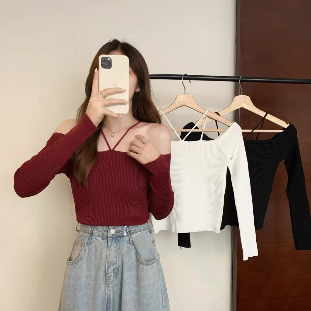 Riya off shoulder chic elegant long sleeved semi cropped knitted crop ...