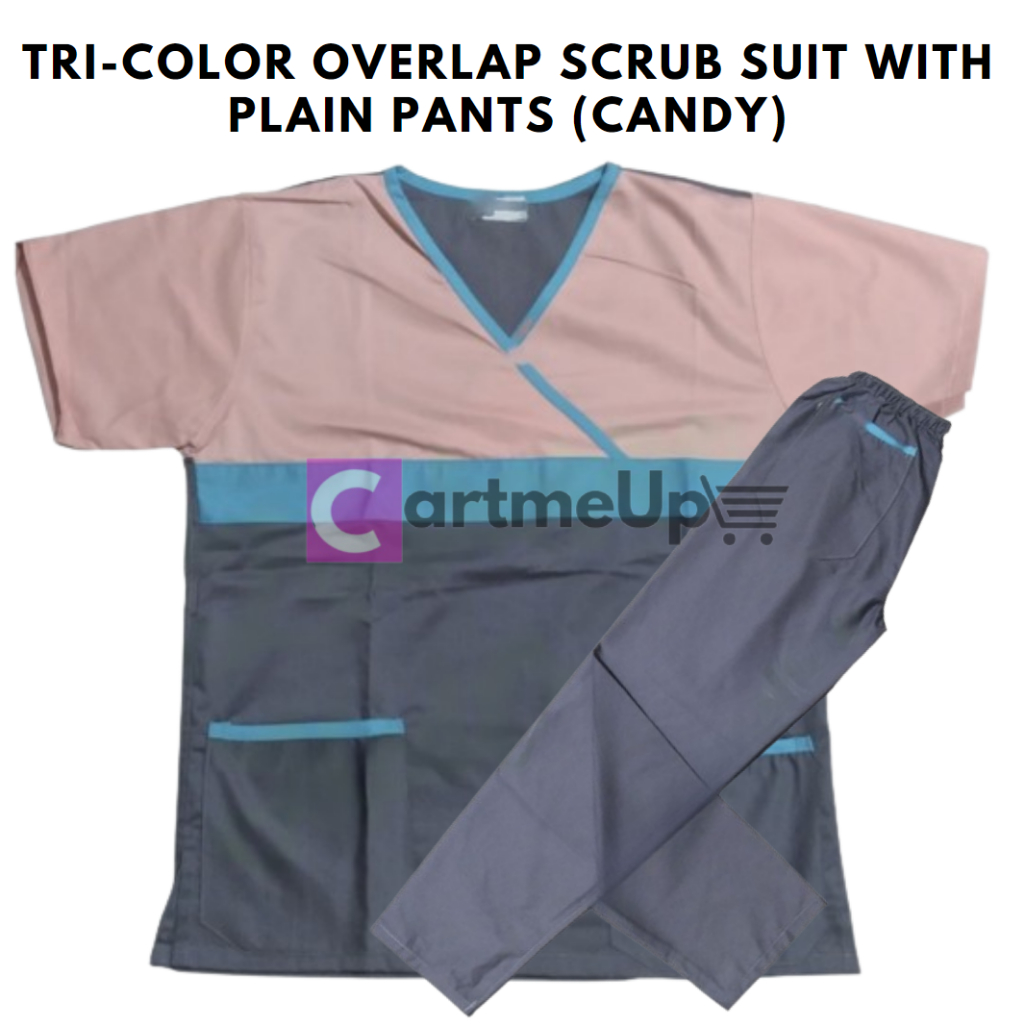 (CART-Z) Tri-Color Overlap Scrub Suit with Plain Pants (Candy) [LCR ...