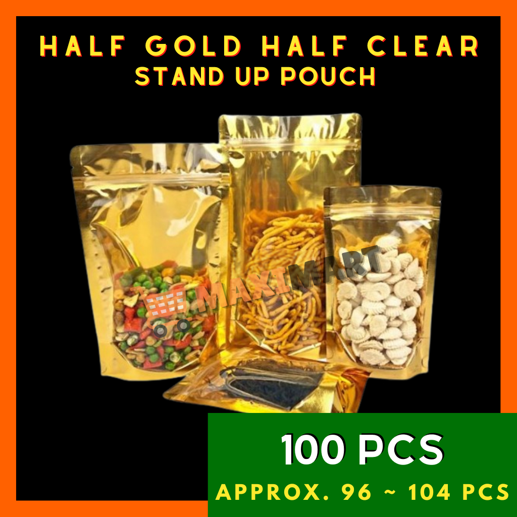 100 pcs Half Gold Aluminum Half Clear Stand Up Pouch with Zip Lock ...