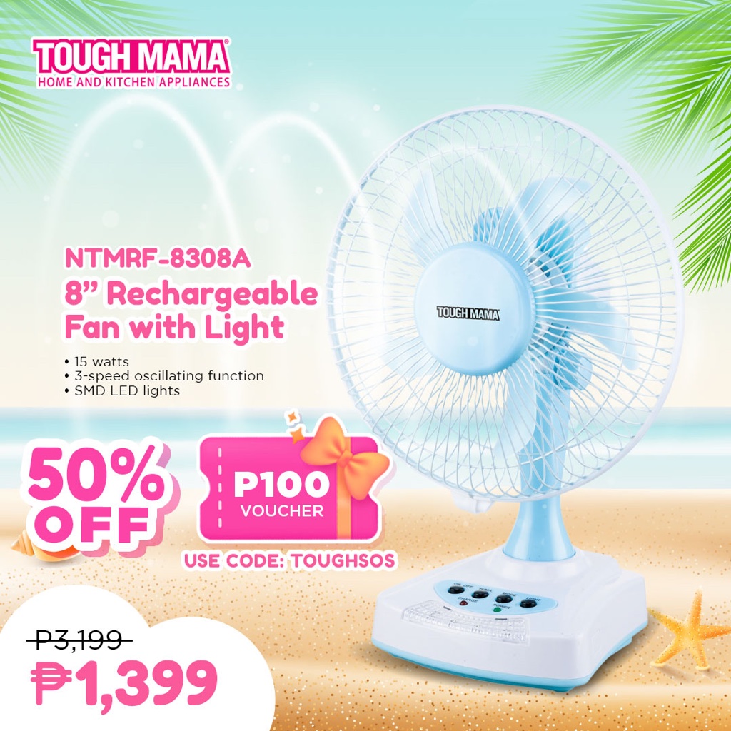 Tough Mama NTMRF-8308A Rechargeable Fan with LED Light 8” Emergency Fan ...