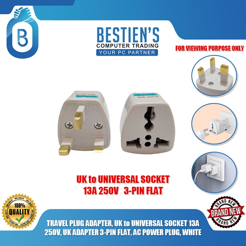 TRAVEL PLUG ADAPTER, UK to UNIVERSAL SOCKET 13A 250V, UK ADAPTER 3-PIN FLAT, AC POWER PLUG ...