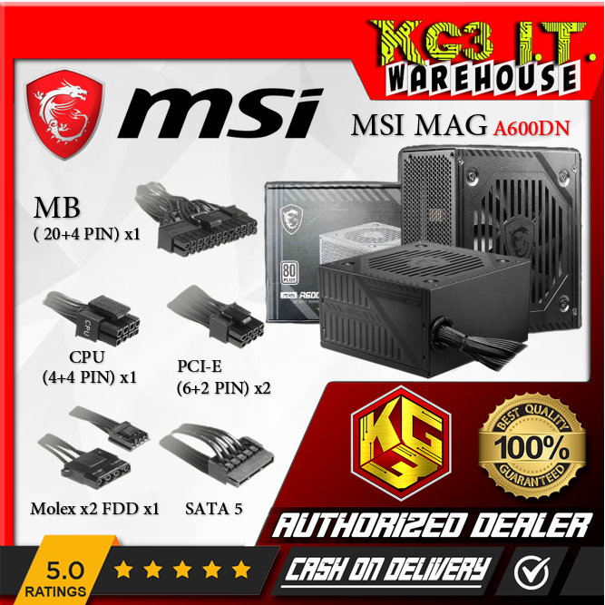 MSI Mag A600DN - 600w, 80 PLUS White Certified, Non-Modular Active PFC ATX Power Supply Unit ...