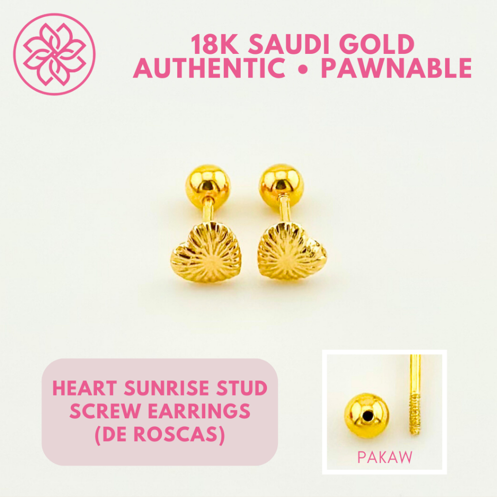 COD PAWNABLE 18K SAUDI GOLD Heart Sunrise Stud Screw Earrings (De ...