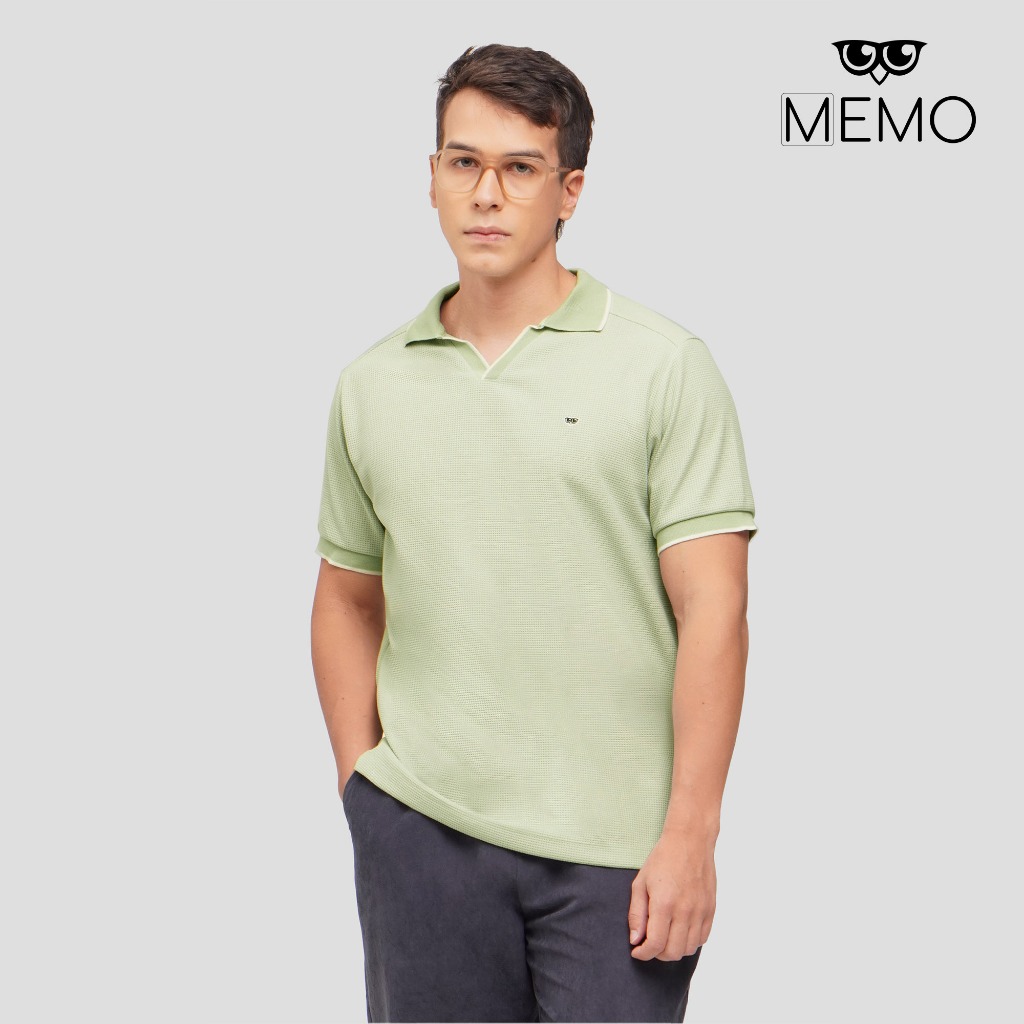 Memo Textured V-Neck Polo With Contrast Tipping For Men (Green Tea ...