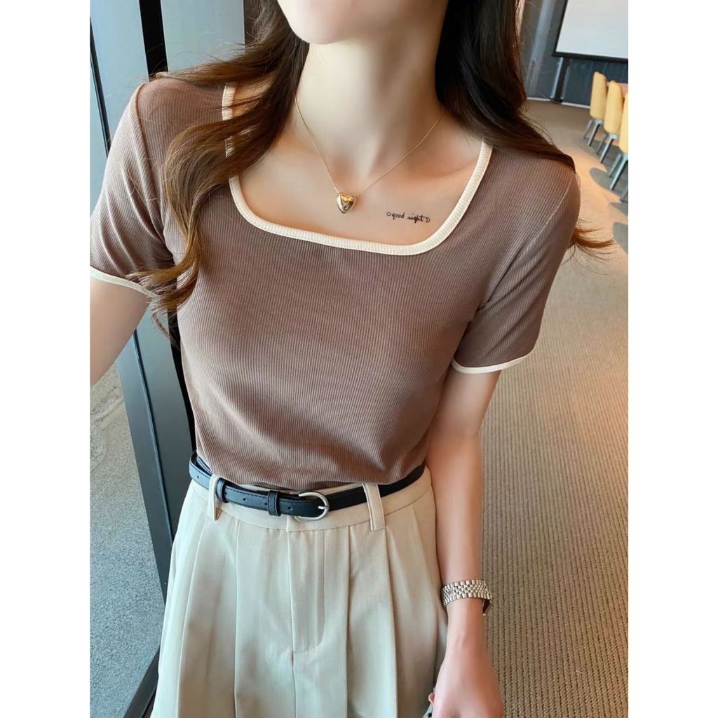 Angelcity Size:M-L Square Neck Contrast Binding Tee Full Length T Shirt ...
