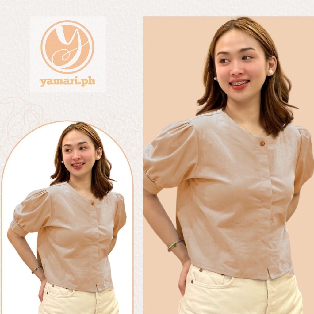Yamari.PH Basic Casual linen round neck puffsleeves buttondown Polo top | VANESSA | Shopee ...
