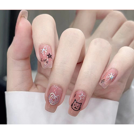 Gentle, sweet and cute new pink cat fake nails manicure patch | Shopee ...