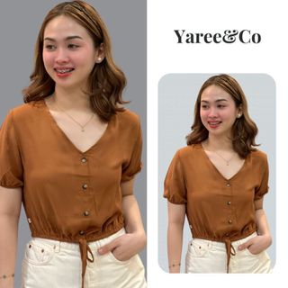 YAREE.CO Honey casual garterized v-neck button trendy top for women ...