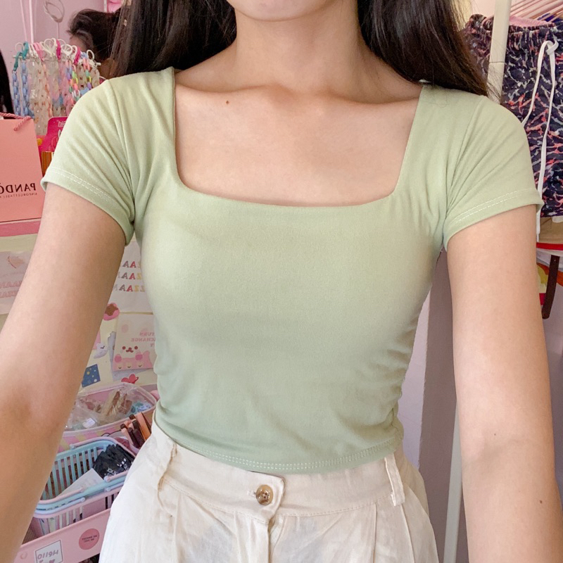 Korean Basic/Squareneck Double Lining Crop Tops Ulzzaang Official ...