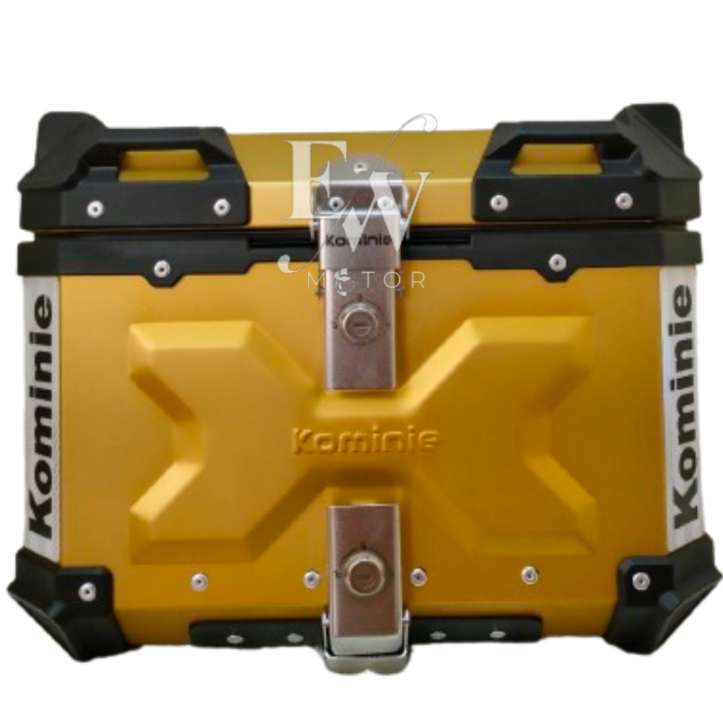 KOMINIE MOTORCYCLE ALLOY TOP BOX CONVEX 3X GOLD 45L WITH BASE PLATE ...