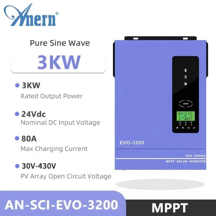 Anern Hybrid Solar Inverter 3KW 24V Hybrid Off Grid Inverter Built in MPPT Solar Charger 30V to ...