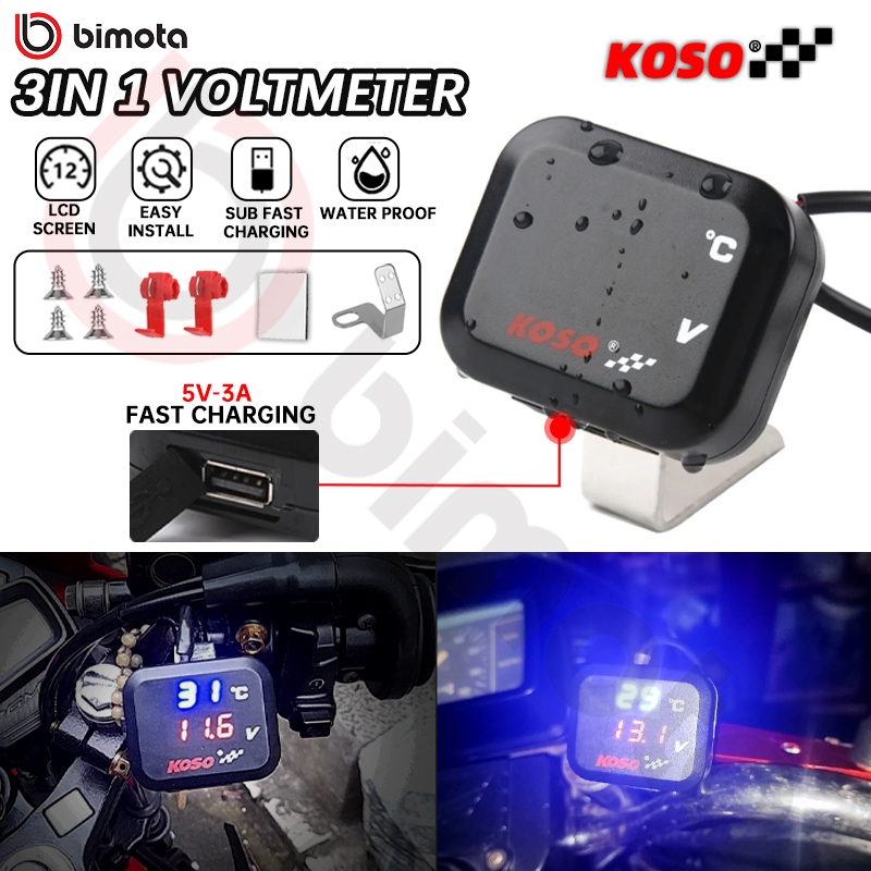 KOSO Motorcycle Voltmeter 3 IN 1 Quick charging USB Port Charger ...