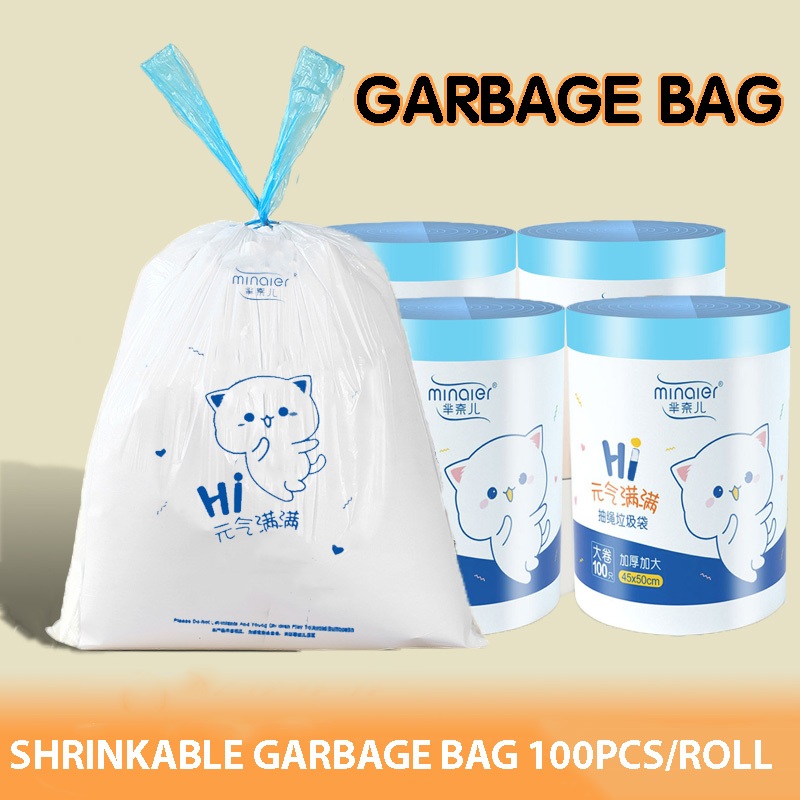 100pcs Roll Drawstring Garbage Bag Thickened Automatic Closing Kitchen ...