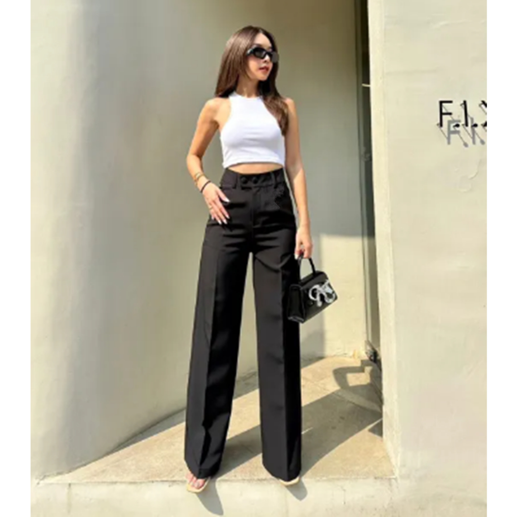 High Waist Trousers Wide Leg Womenswear Bottons Comft Straight Office ...