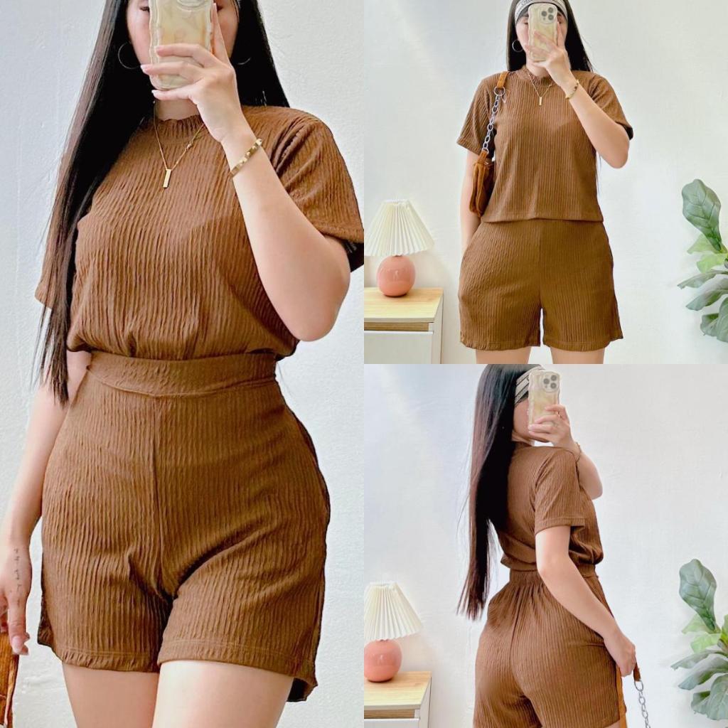 Ava Bark Crepe Round Neck Short Sleeve Top Terno Short Two Pockets ...