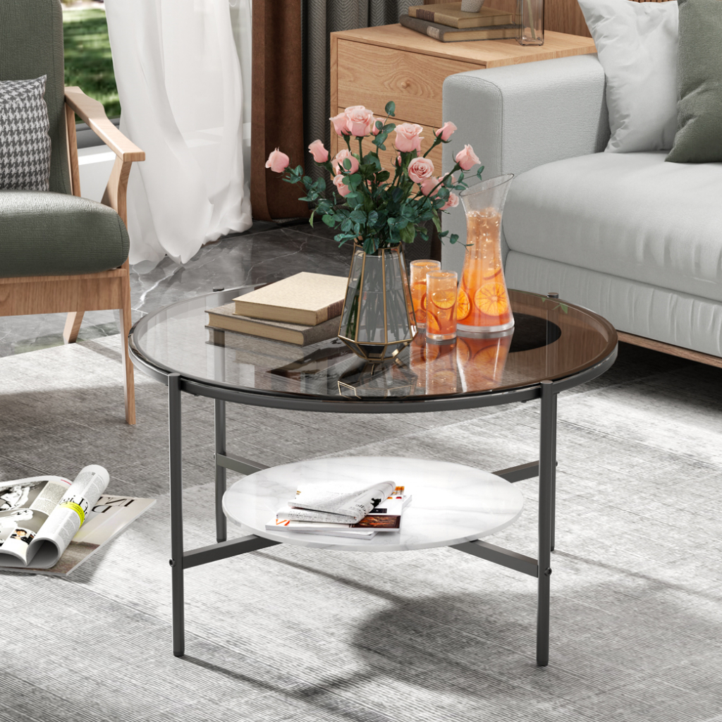 2 Tier Large Round Coffee Table Modern Tempered Glass Center Table with ...