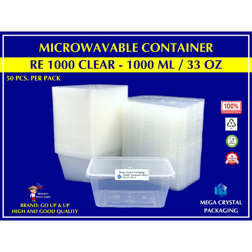 [ 50 Pcs ] Microwavable Plastic Container RE 1000 - Rectangular 1000 ml CLEAR | Shopee Philippines