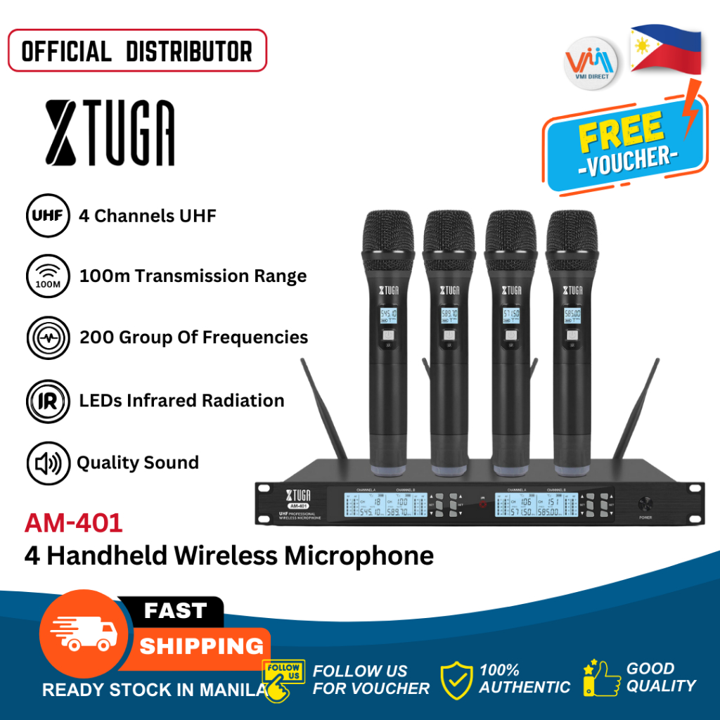 XTUGA AM-401 Professional 4 Channel UHF Wireless Microphone System 4Handheld Wireless Microphone ...
