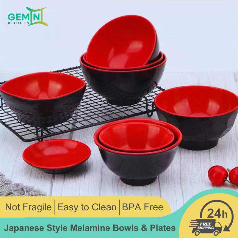Kitchen Red Black Japanese Melamine Dinnerware dining Plate /Bowl ...
