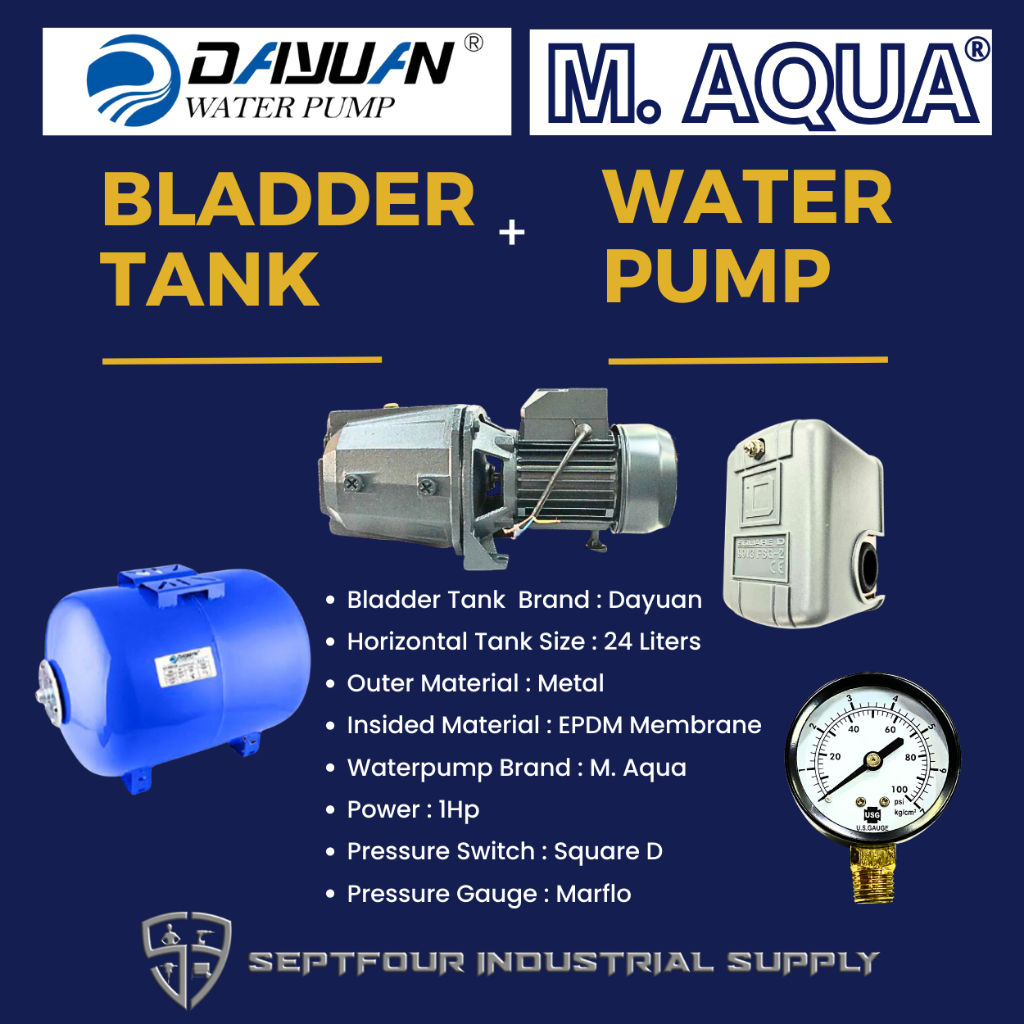 M. Aqua 1HP JET waterpump with 24L/36/50L/60L/80L/100L Dayuan Horizontal Bladder Tank (set ...
