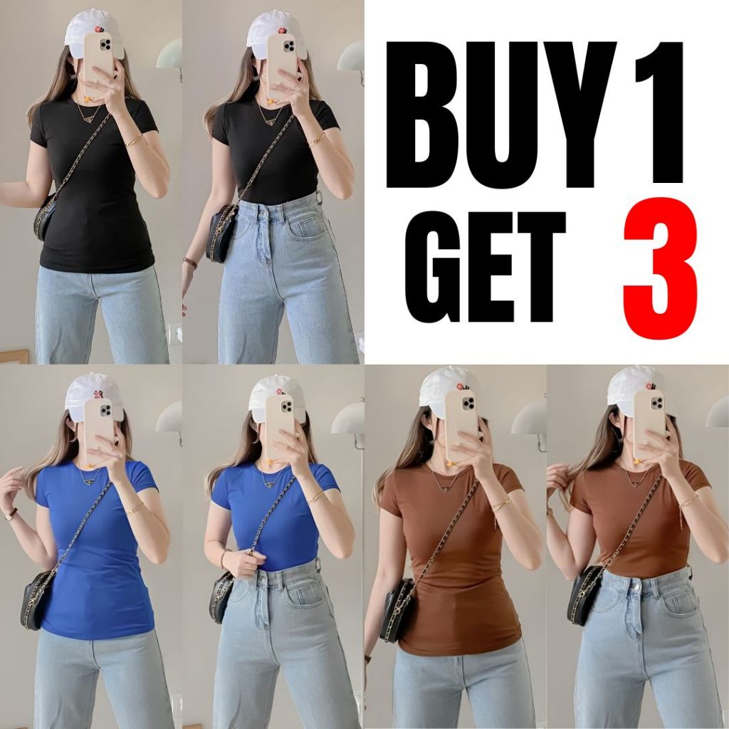 SS BUY 1 GET 3pcs Double Lining Plain T-Shirt Boatneck Basic Tops Full ...