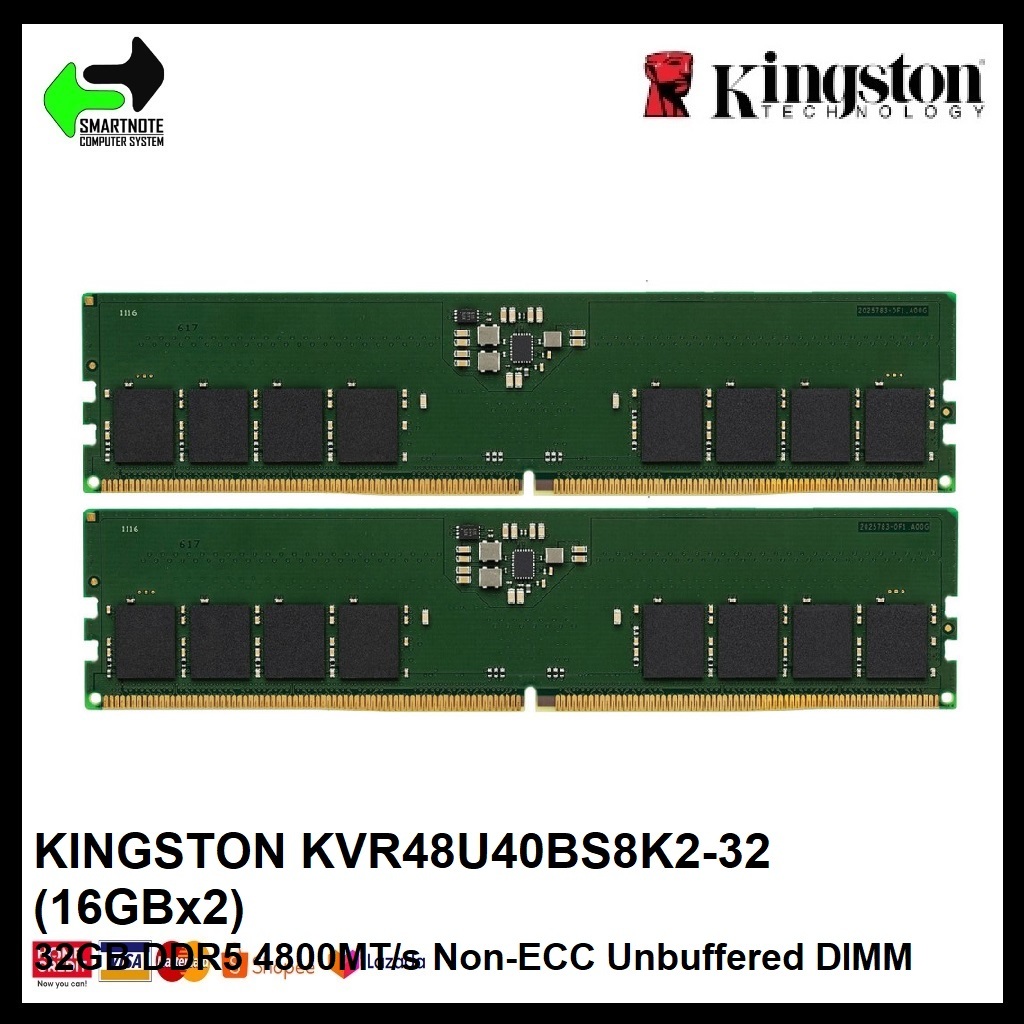 KINGSTON KVR48U40BS8K2-32 32GB (16GBx2) 4800MT/s DDR5 Non-ECC CL40 DIMM (Kit of 2) 1Rx8 PC RAM ...