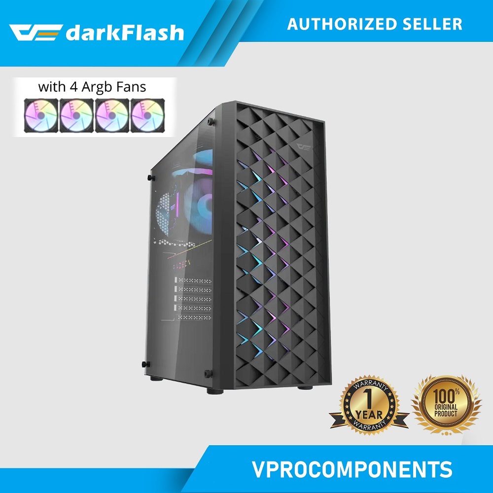 DarkFlash DK351 - Tempered Glass Mid-Tower Gaming Case w/4pcs argb fans ...