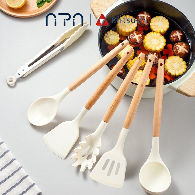 Nipiin 6pcs Silicone Kitchen Utensils Wooden Handle Slotted White Color ...