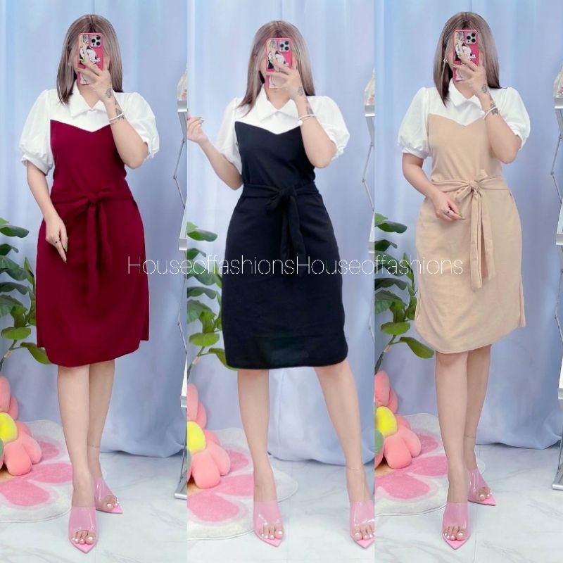 CAREN COLLAR COMBI TIE CASUAL DRESS BY:HOUSEOFFASHIONS | Shopee Philippines