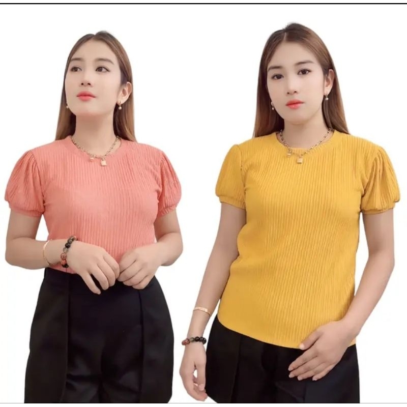 ERIN | TIFFANY Puff-sleeve Round-neck Bark Crepe Fabric Freesize Full ...