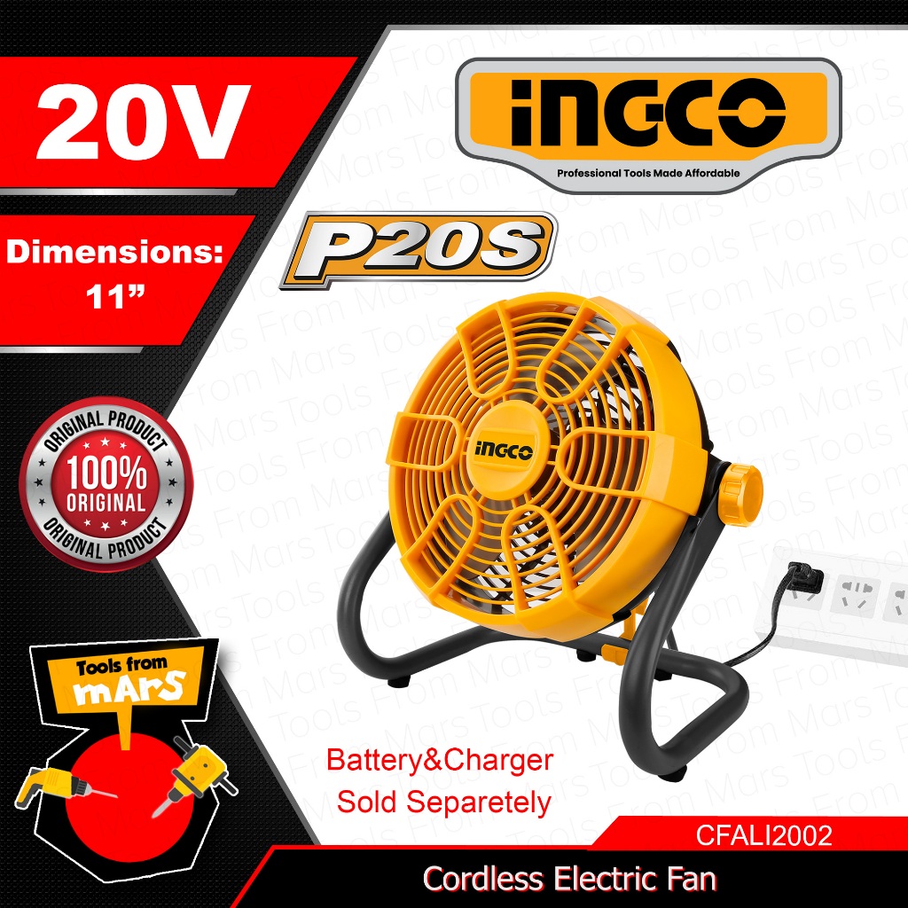 INGCO 20V Cordless Rechargeable Fan with 2 Speed Battery and Charger ...