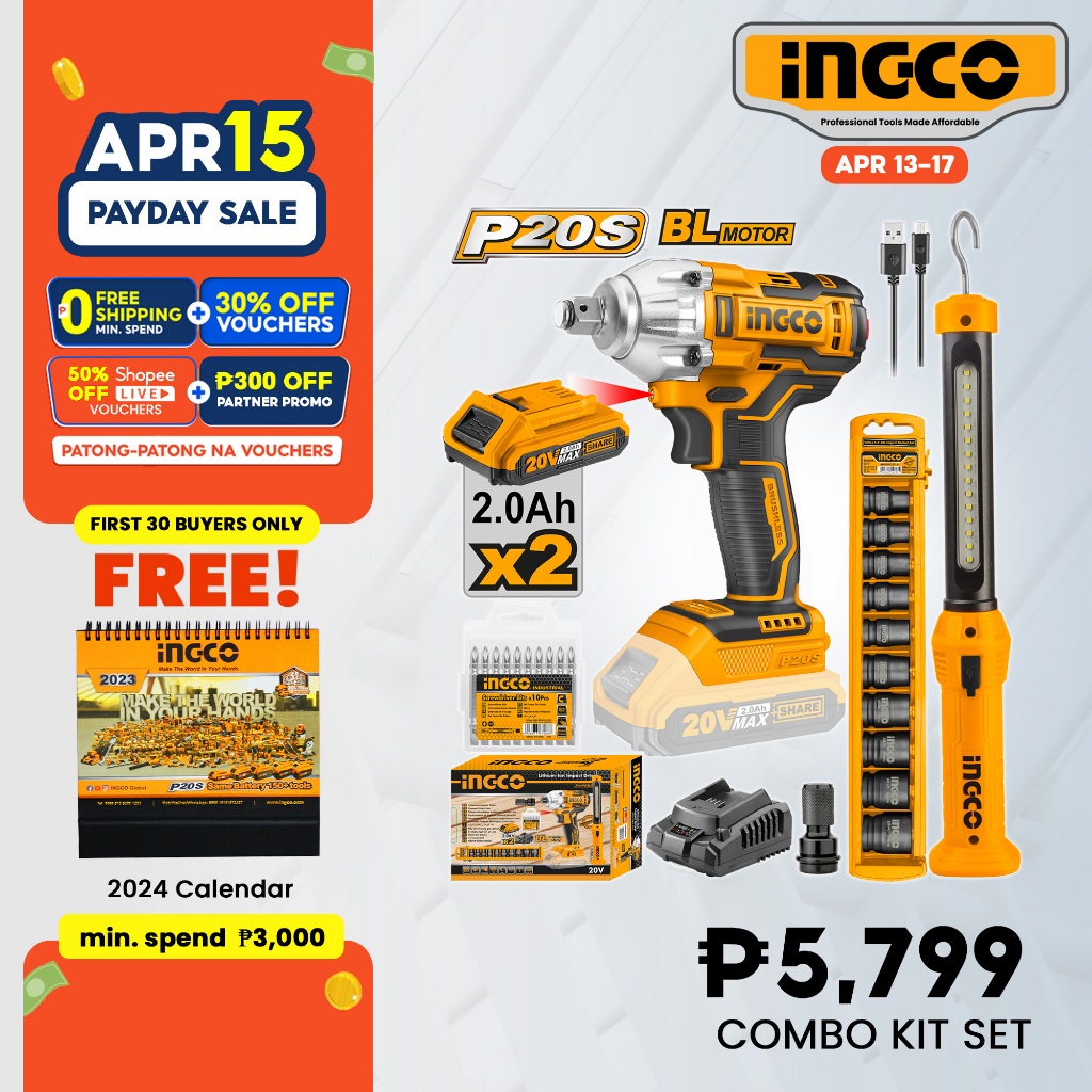 Ingco 20v Li-Ion Cordless Impact Wrench Work Lamp Socket Set Combo Kit ...