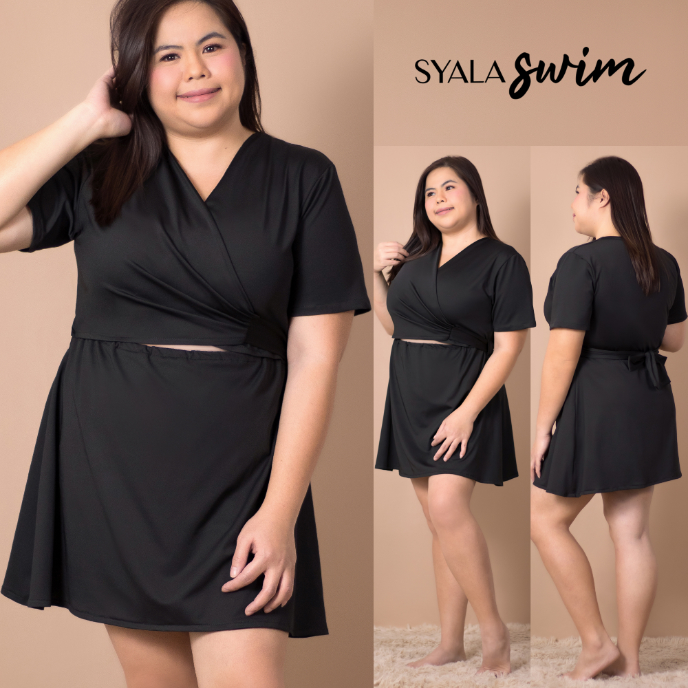 Overlap Pleated Swimwear Summer Plus Plain Black Bathing Suit Swimsuit ...