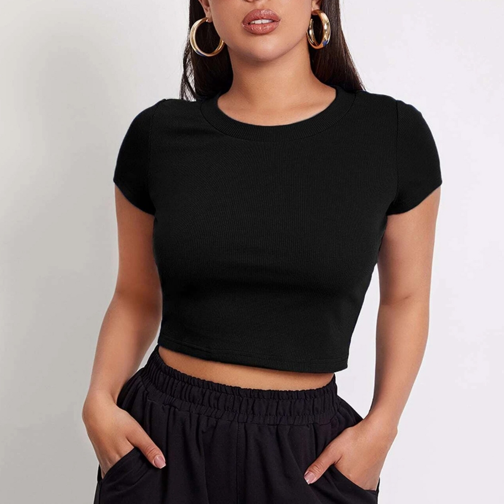 Women Crop Top Plain Simple Round Neck Short Sleeve Slim Fit Tee Rib ...