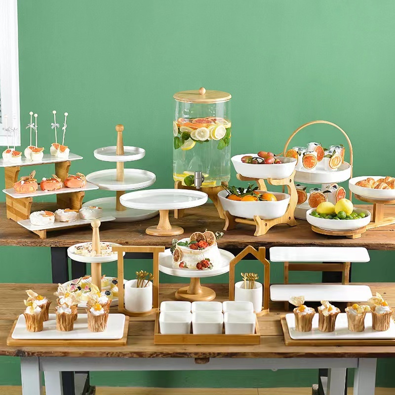 Ceramic dessert stand buffet server 3 tiers serving trays with bamboo ...