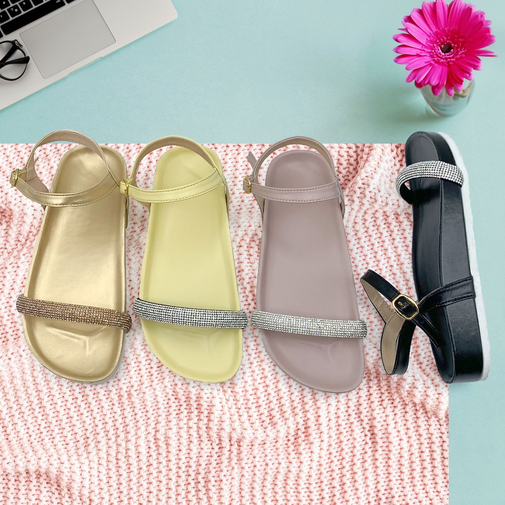 R&A945 Flat Round Toe w/ Single Wide Rhinestone Toe Strap with Ankle ...