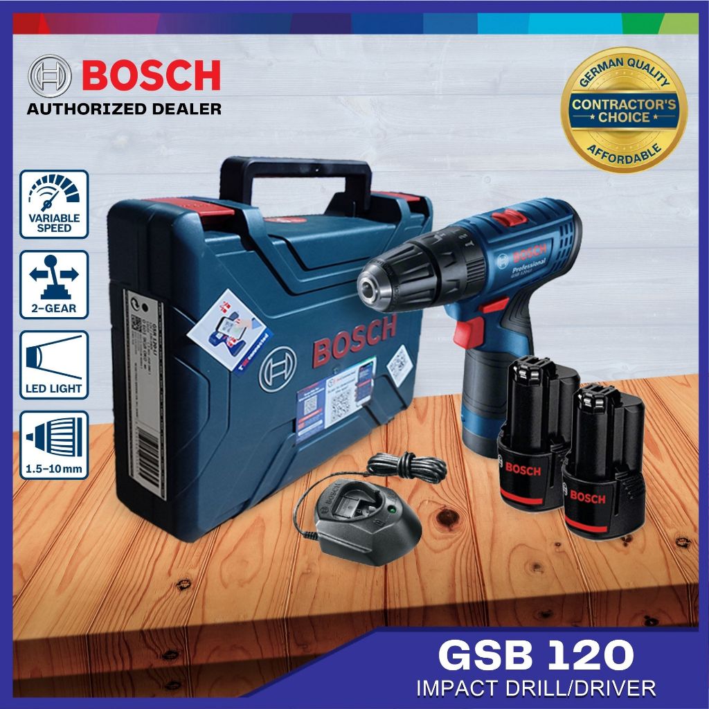 Bosch Impact Drill Cordless GSB 120-LI + 2xGBA 12V 2.0Ah + GAL 1210 CV ...