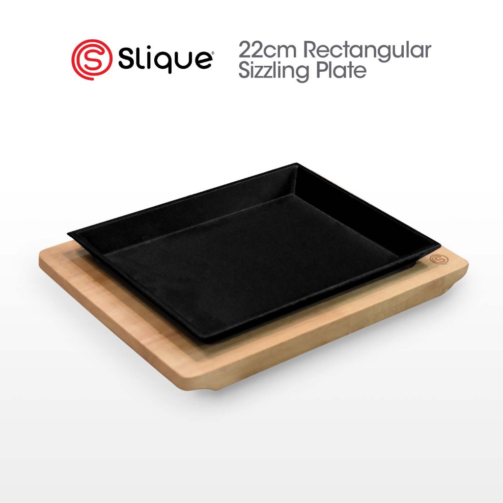 SLIQUE Cast Iron Rectangular Sizzling Plates w/ Original Rubber Wood ...