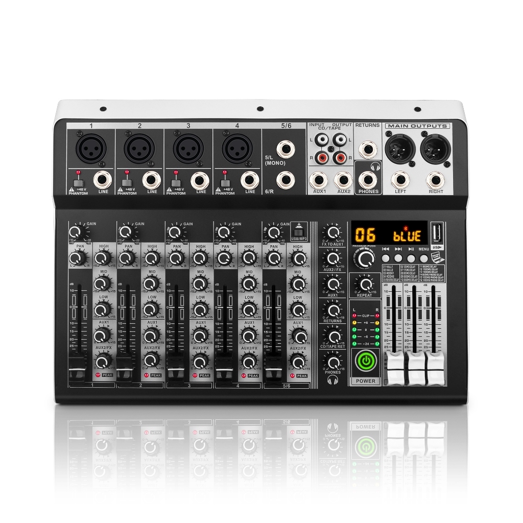 Audio Mixer with Bluetooth 6-Channel USB 99DSP Reverb for Microphone ...