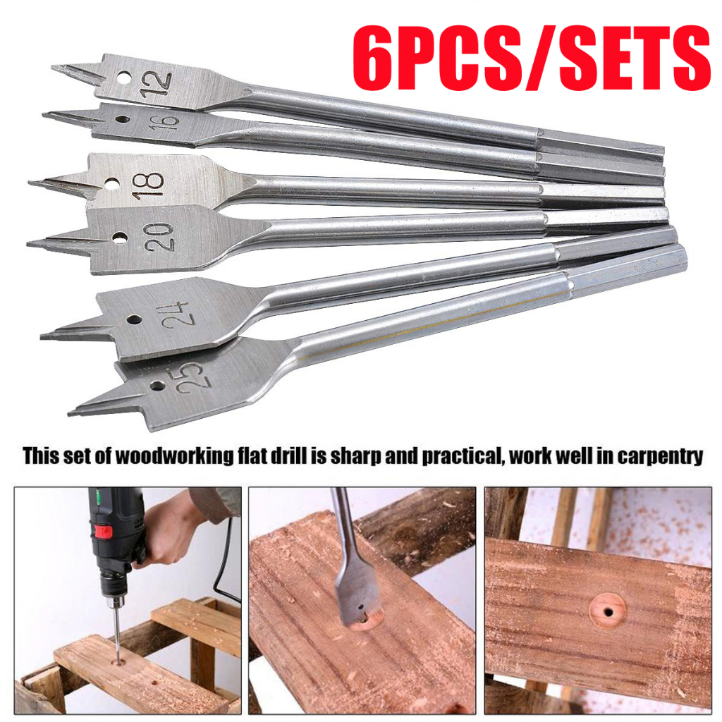 6pcs Wood Flat Drill Sets Paddle Flat Wood Boring Drill Bit Set Power ...