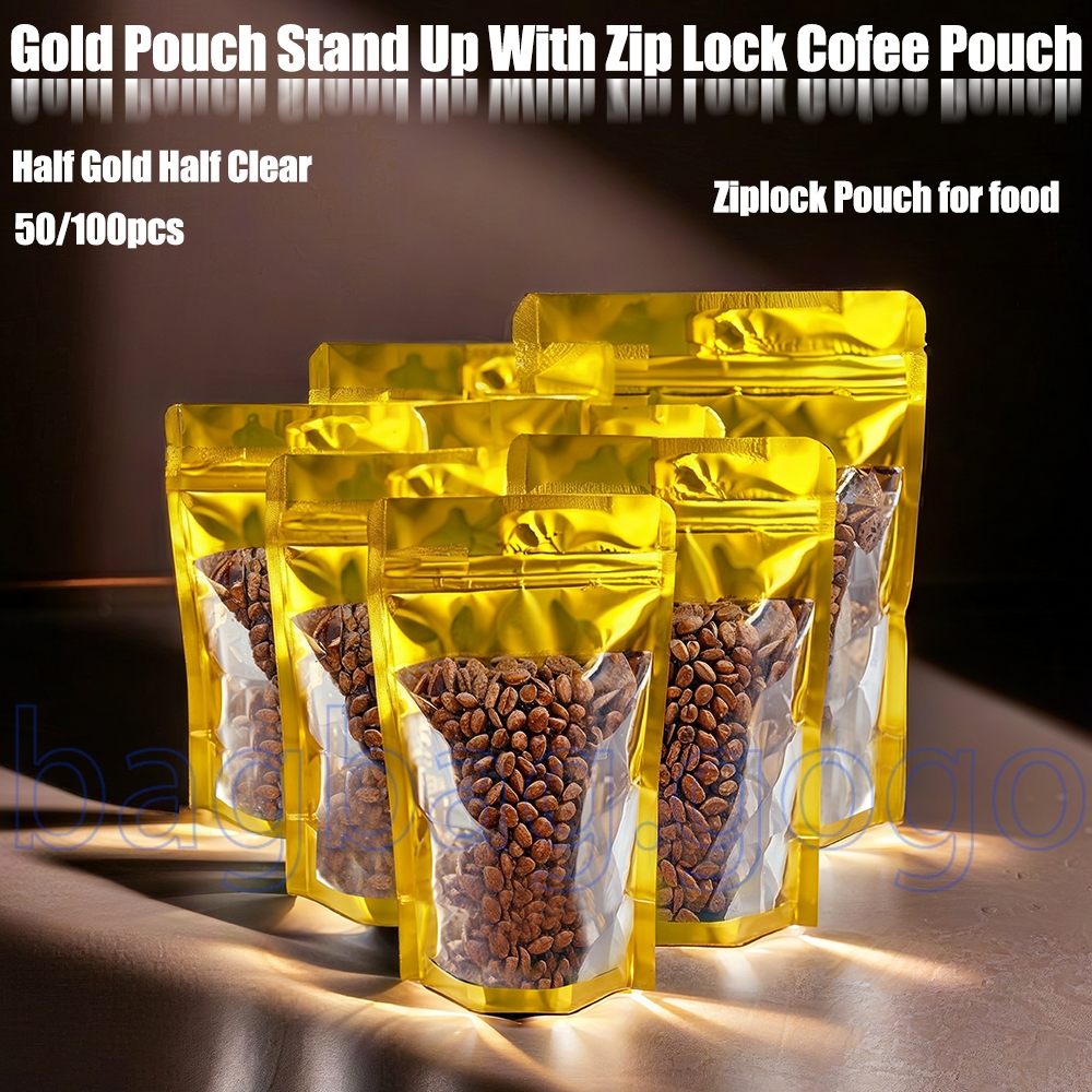 50/100PCS Half Gold Holf Clear Pouch Stand Up Pouch With ZipLock Cofee ...