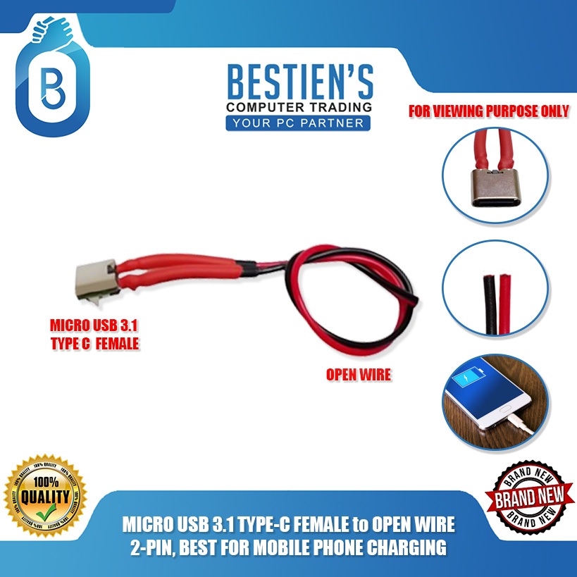 MICRO USB 3.1 TYPE-C FEMALE to OPEN WIRE 2-PIN, BEST FOR MOBILE PHONE ...