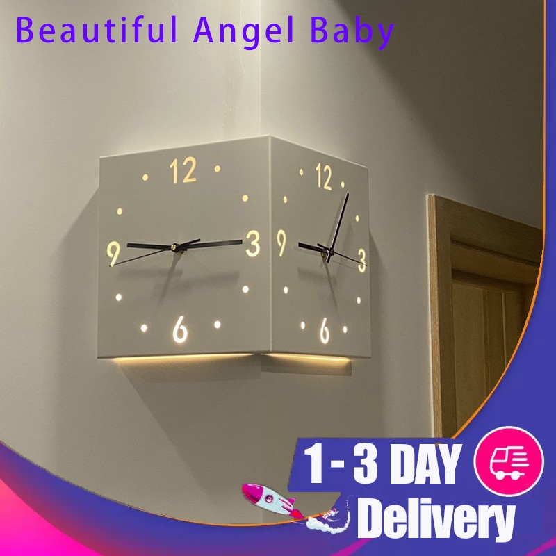Induction Luminous Corner Clock Square Double-Sided Clock Iron Hollowed ...